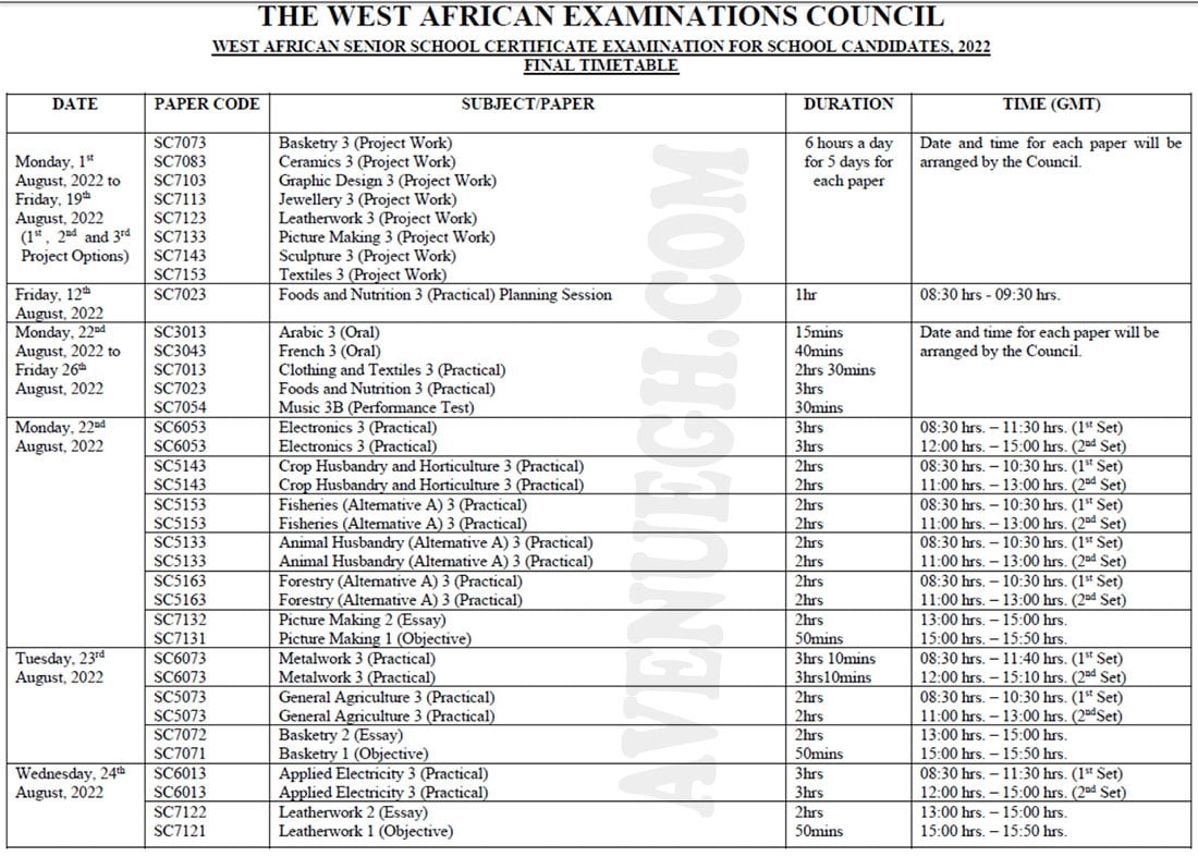 WASSCE 2022 Timetable Out PDF Download WASSCE 2022 Timetable Out PDF Download
